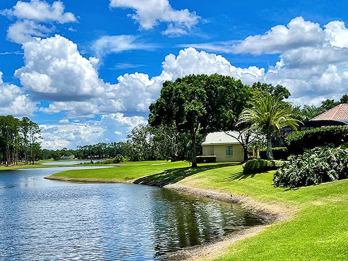 Dramatic clouds hovering over pristine golf courses show how Florida's big skies add natural drama to already beautiful residential landscapes.