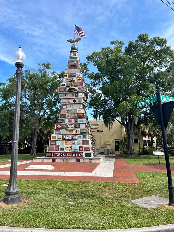 The Monument of States towers over downtown Kissimmee, a colorful testament to American unity built from rocks contributed by every state in the nation.
