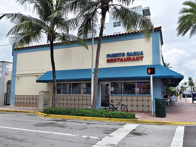 Puerto Sagua's blue awning and palm trees create the perfect Miami Beach vibe. This corner restaurant has been a Cuban food institution for decades.