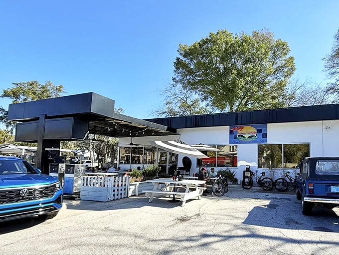 T-Ray's modern white exterior gives little hint of the burger magic happening inside this former gas station turned culinary destination.