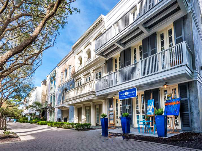 Gallery-lined sophistication! Seaside's streetscape showcases details that would make Frank Lloyd Wright nod approvingly.