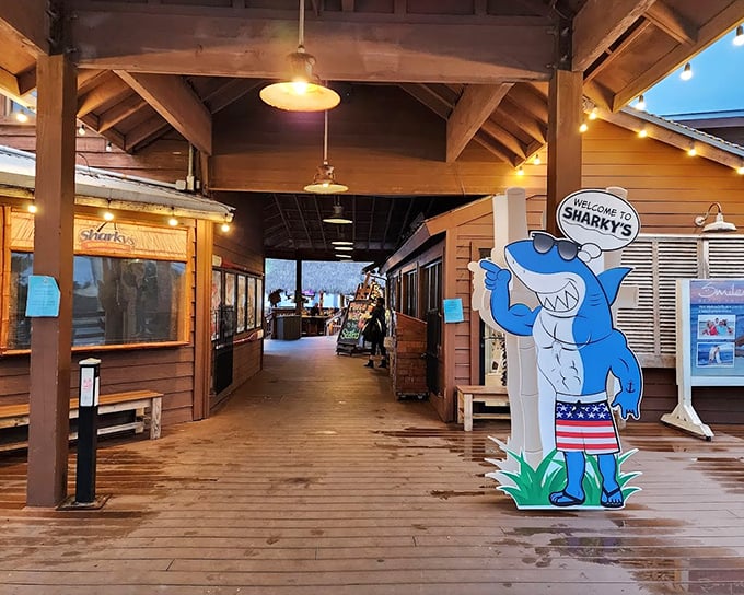 The shark mascot greets diners at this Venice Beach institution where sunset views compete with the seafood for attention.