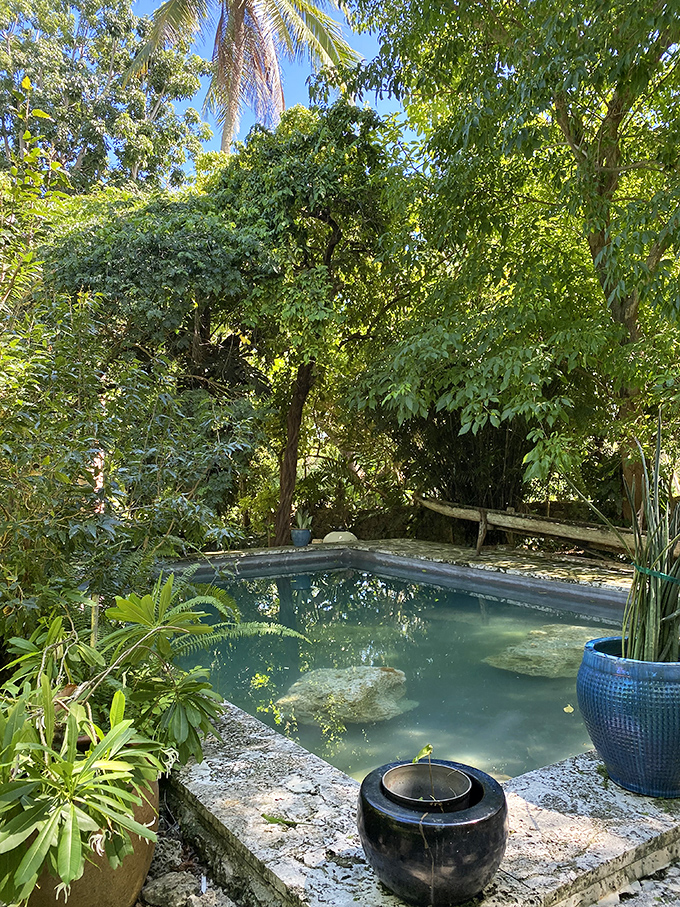 A serene reflecting pool nestled among exotic plantings offers a quiet spot for contemplation in this hidden Coconut Grove treasure.