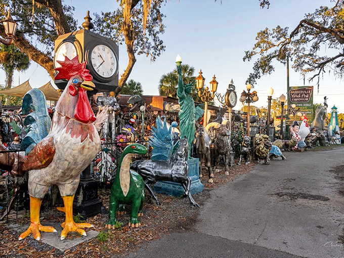 A rooster that means business guards the entrance to Barberville's wonderland of roadside oddities and historical treasures.
