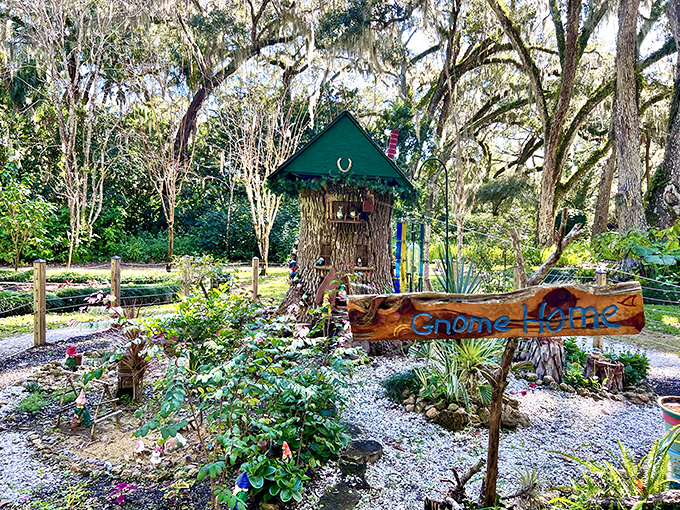 The entrance to a world where gnomes have better landscaping than most humans, complete with a hand-carved welcome sign that suggests someone takes their tiny village very seriously.
