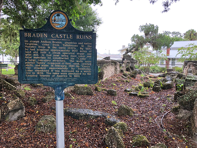 History stands sentinel at Braden Castle's historical marker, where Florida's past emerges from beneath layers of time and tropical foliage.