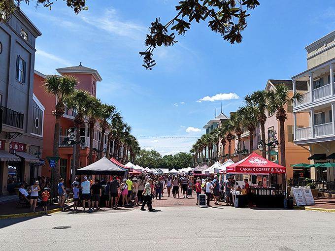 Market Street transforms into a vibrant community hub where palm trees stand guard over white tents brimming with local treasures.