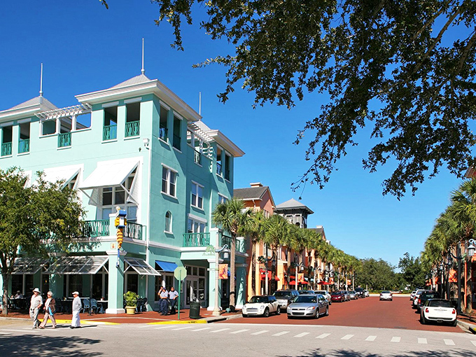Celebration's mint-green cornerstone building stands like a pastel sentinel, welcoming visitors to this meticulously planned slice of small-town Americana.