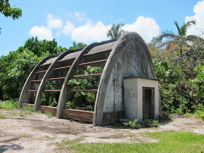 The distinctive curved concrete structure stands as a silent sentinel to Crandon Park's zoological past, its weathered arch framing the tropical landscape beyond.