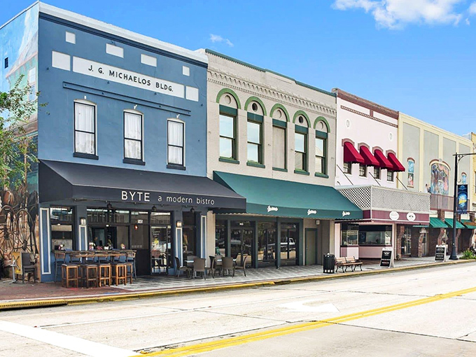 DeLand's historic downtown showcases beautifully preserved architecture, including the striking blue J.G. Michaelos Building housing BYTE, a modern bistro with character to spare.