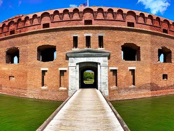 Fort Jefferson's imposing brick facade welcomes visitors to Dry Tortugas National Park, standing like a mirage 70 miles west of Key West.