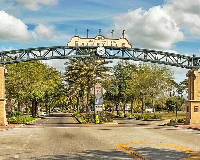 The iconic "Historic Town of Eatonville" arch welcomes visitors with a promise of stories waiting to be discovered beneath Florida's endless blue sky.
