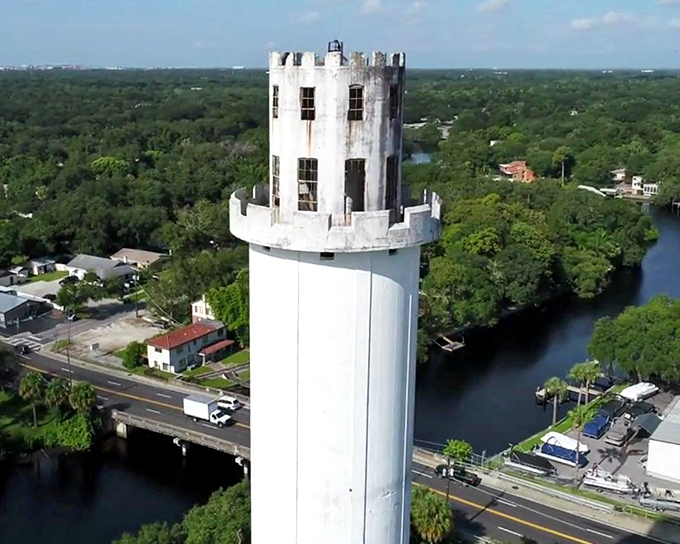 River Tower Park: A peaceful oasis where Tampa's medieval-inspired water tower stands guard over the Hillsborough River like a sentinel from another time.
