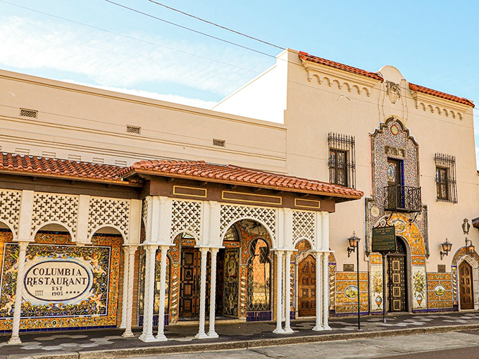 The Columbia Restaurant's stunning Spanish-Cuban fa&ccedil;ade gleams in the Florida sunshine, its colorful tiles telling stories of heritage and tradition since 1905.