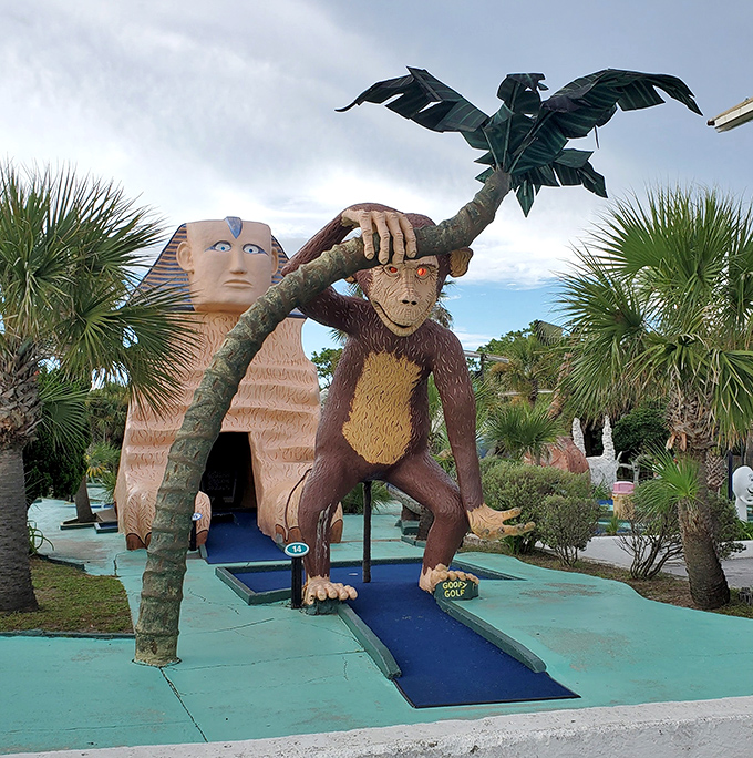 The iconic Goofy Golf entrance, complete with giant monkey and sphinx, promises quirky fun that never goes out of style.