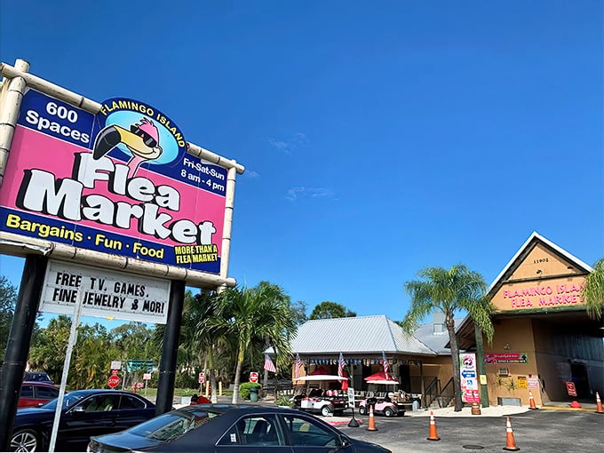 The iconic Flamingo Island sign promises 600 spaces of retail therapy under the brilliant Florida sky &ndash; bargain hunters, your paradise awaits!