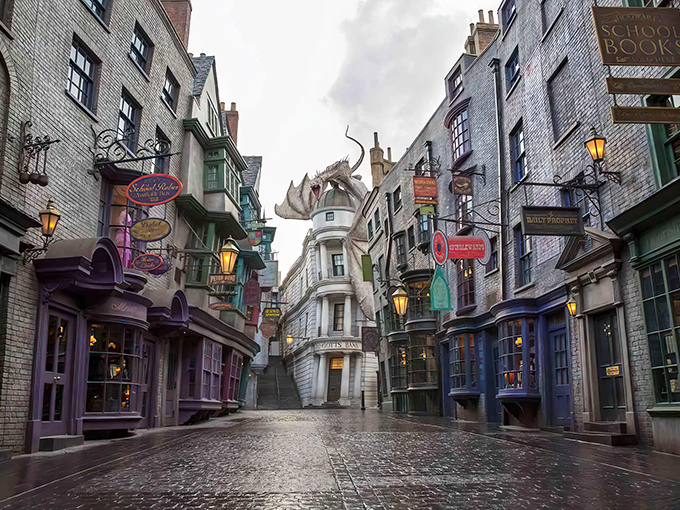 Diagon Alley's cobblestone charm leads to the Leaky Cauldron, where wizarding architecture defies gravity and imagination runs wild.