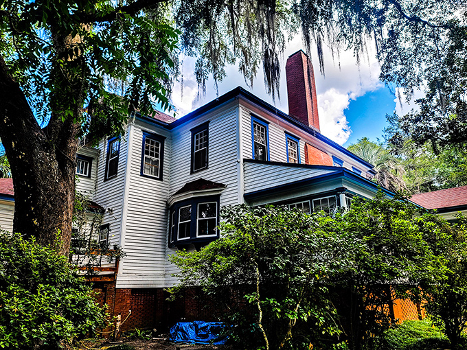The historic Daffodale House stands proudly under Spanish moss-draped oaks, its white clapboard and blue trim hinting at Victorian elegance with a supernatural twist.
