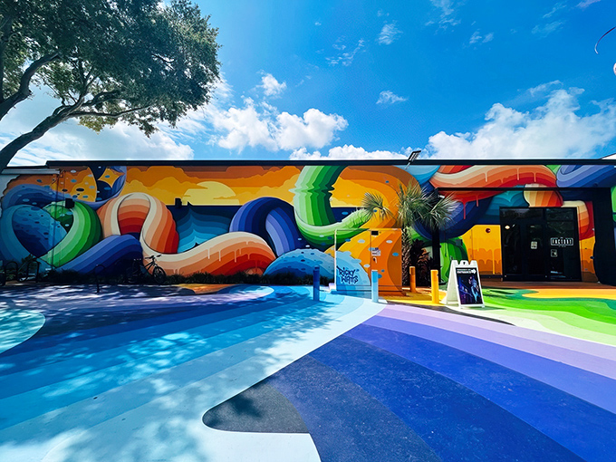 The entrance to Fairgrounds St. Pete explodes with color like a Florida sunset on steroids. Rainbow pathways beckon visitors into this psychedelic wonderland.