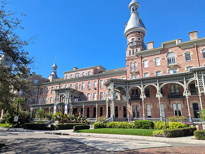 The Henry B. Plant Museum's distinctive Moorish-Revival architecture stands proudly against Tampa's blue sky, its minarets reaching skyward like Victorian exclamation points.