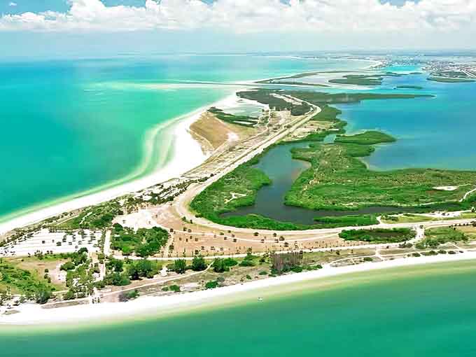 An aerial paradise of turquoise waters and pristine beaches, Fort De Soto Park sprawls across five interconnected islands like Florida's best-kept open secret.
