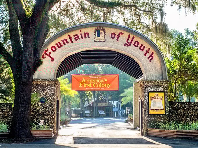 The iconic arched entrance welcomes visitors with a promise of history and maybe, just maybe, a few less wrinkles by day's end.