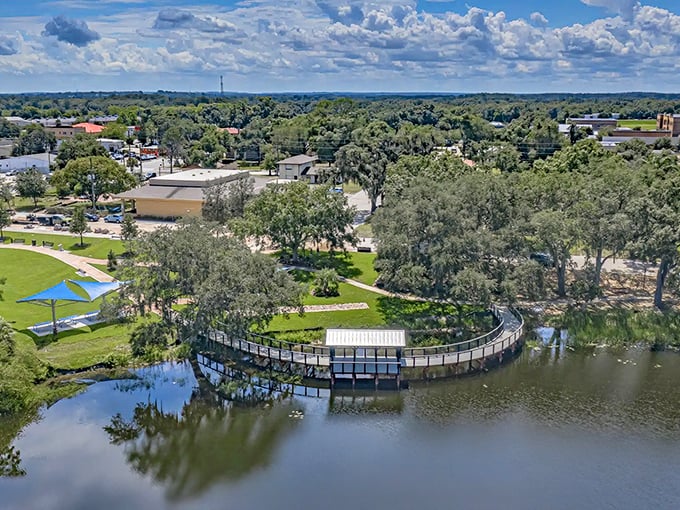 Aerial view of Lake David Park's curved boardwalk embracing the water like an old friend welcoming visitors to this charming lakeside community.