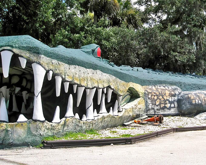 Swampy, the concrete colossus, welcomes visitors with a toothy grin that would make a dentist faint. Florida roadside attractions don't get more iconic than this.