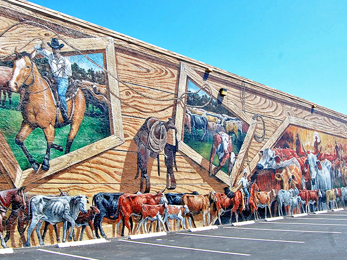 Cowboys and cattle drive across this stunning western-themed mural, bringing Florida's ranching heritage to life in vivid detail.