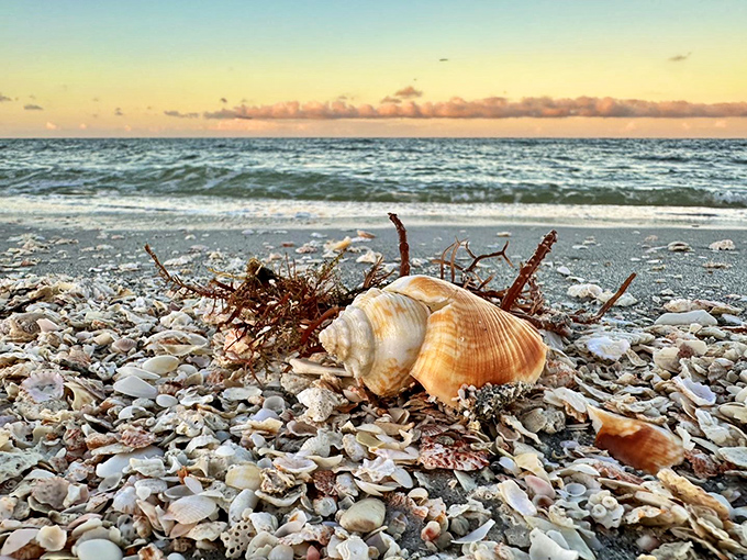 Seashell paradise at sunset &ndash; where nature's jewelry washes ashore daily, creating a treasure hunter's dream along the Gulf's edge.