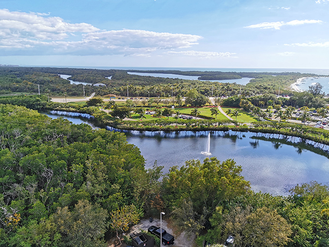 A breathtaking aerial view where emerald waters meet pristine shorelines, creating Florida's coastal paradise that time almost forgot.