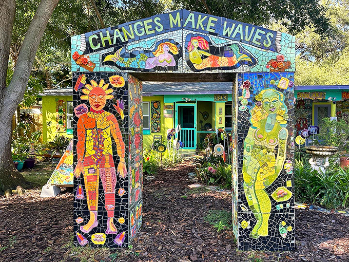The entrance to Mosaic House beckons with its "CHANGES MAKE WAVES" proclamation &ndash; like walking through a portal to Oz, but with better tile work.
