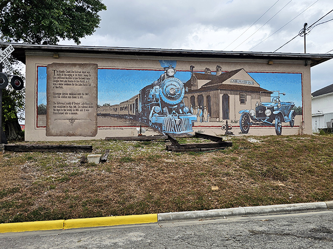 Murals of Lake Placid History jumps off the wall in this vintage train scene, where past meets present through vibrant brushstrokes and nostalgic charm.