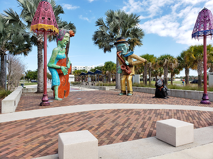 Colorful giants making music! These whimsical sculptures celebrate Tampa's rich jazz heritage with playful charm and vibrant personality.