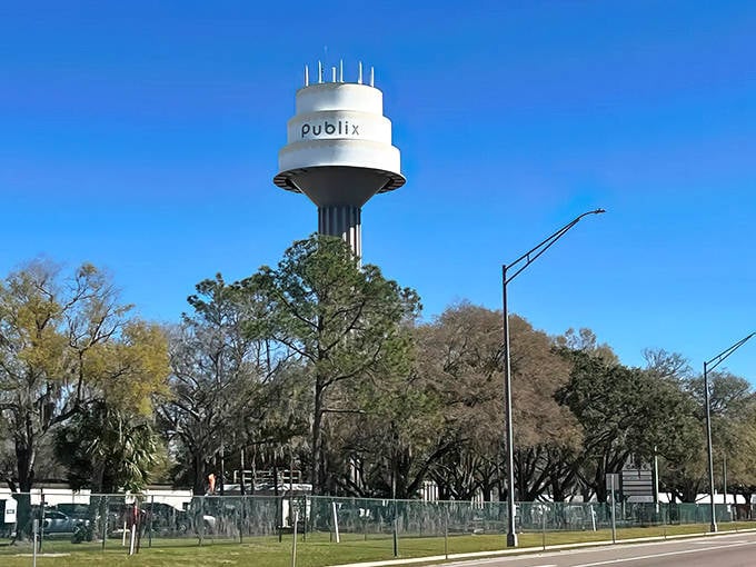 The Publix cake water tower stands tall against a brilliant blue Florida sky, proving that water storage can indeed be deliciously whimsical.
