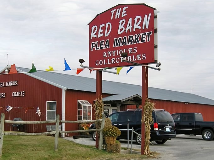The iconic Red Barn sign stands proud against the Florida sky, promising treasures within those crimson walls.