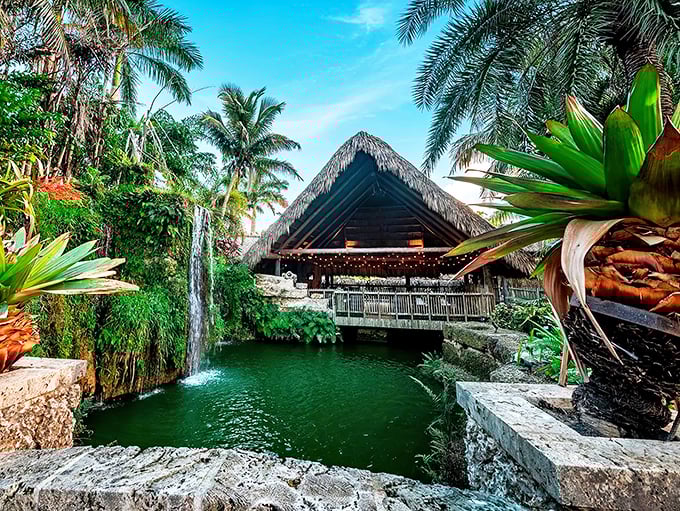 Paradise found: Schnebly's thatched-roof tiki bar overlooks a serene waterfall and emerald pool, creating Miami's most unexpected wine oasis.
