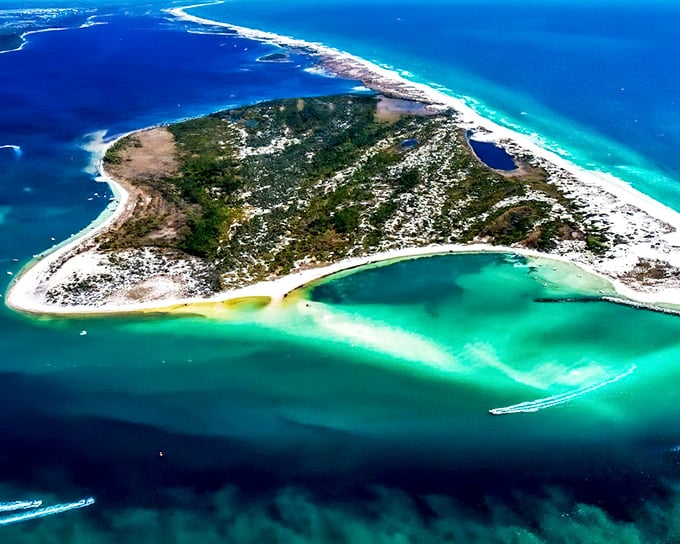 Shell Island from above: Nature's perfect brushstroke across the Gulf &ndash; a seven-mile stretch of paradise that somehow escaped Florida's development frenzy.