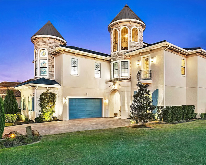 Fairy tale dreams come to life in this Kissimmee castle, where twin turrets and stone detailing create an entrance worthy of royalty.