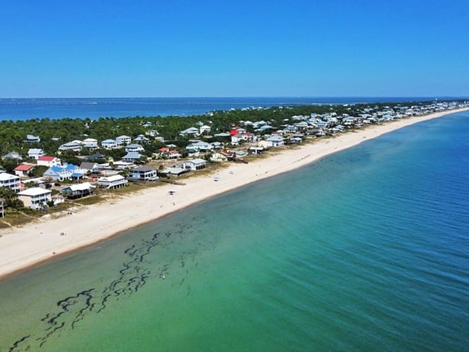 St. George Island: Aerial view of paradise where the Gulf meets pristine shoreline – Florida's best-kept secret hiding in plain sight.