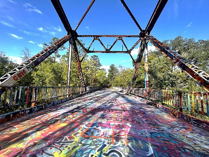 A rusting steel skeleton transformed into a kaleidoscopic walkway, where every step reveals new artistic expressions spanning the Suwannee River.