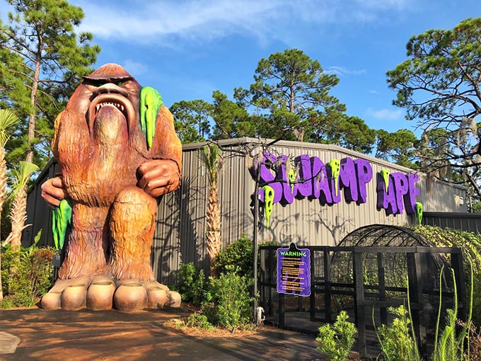 The imposing Swamp Ape stands guard at Swampy Jack's entrance, his snarling expression and massive feet setting the tone for the wonderfully weird adventures ahead.