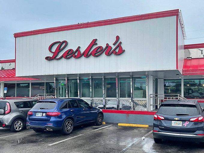 Lester's iconic white and red exterior stands as a beacon of comfort food in Fort Lauderdale, promising massive portions and 24-hour service to hungry patrons.
