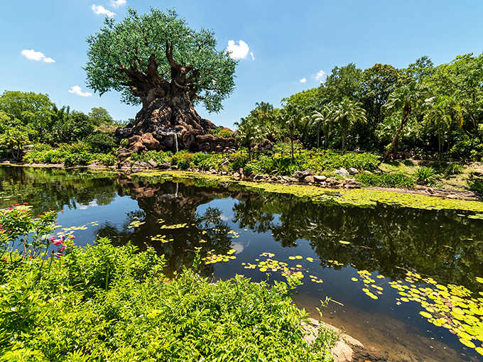 The Tree of Life stands majestically against a perfect Florida sky, its intricate carvings catching the morning light like nature's own storybook.