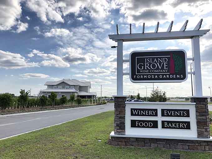 That sign isn't lying: winery, events, food, AND bakery all in one spot, like someone combined your four favorite things into a Voltron of deliciousness.