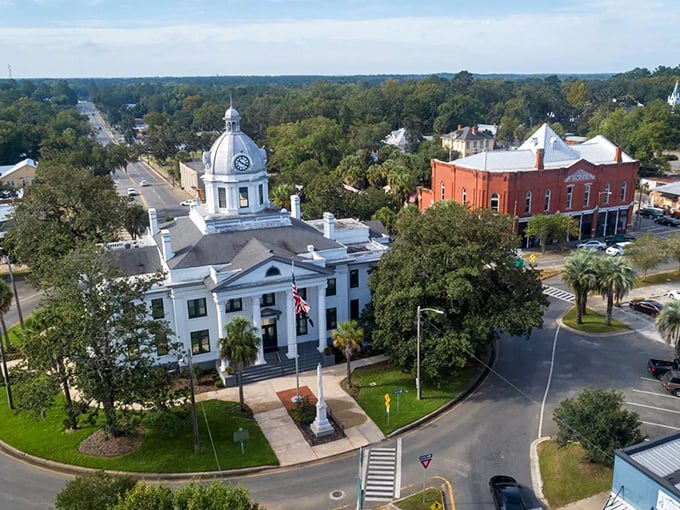 Monticello's historic courthouse stands proudly with its gleaming white dome, a dignified centerpiece for this charming Southern town.