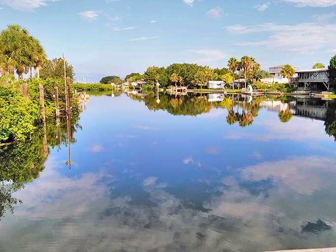 Mirror-like waters reflect Florida's endless sky, creating nature's perfect symmetry in Aripeka's tranquil waterways.