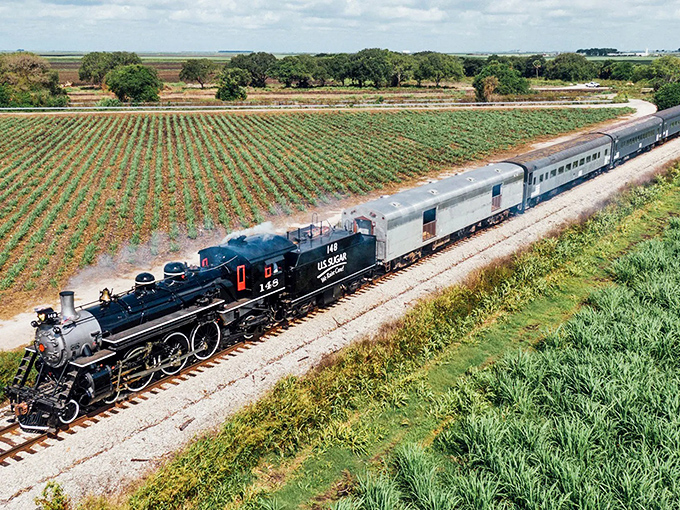 Engine #148 powers through emerald sugarcane fields like a time machine on rails, connecting passengers to Florida's agricultural heart.