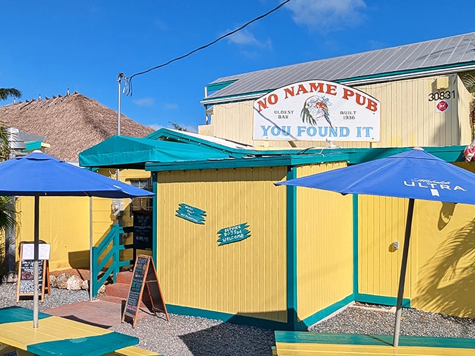 The iconic yellow exterior of No Name Pub with its famous sign &ndash; proof that you've successfully completed the treasure hunt!