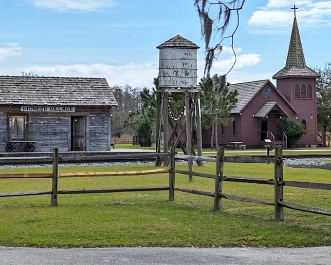 Pioneer Village welcomes visitors with rustic charm and authentic buildings, where Florida's past comes alive under swaying Spanish moss.